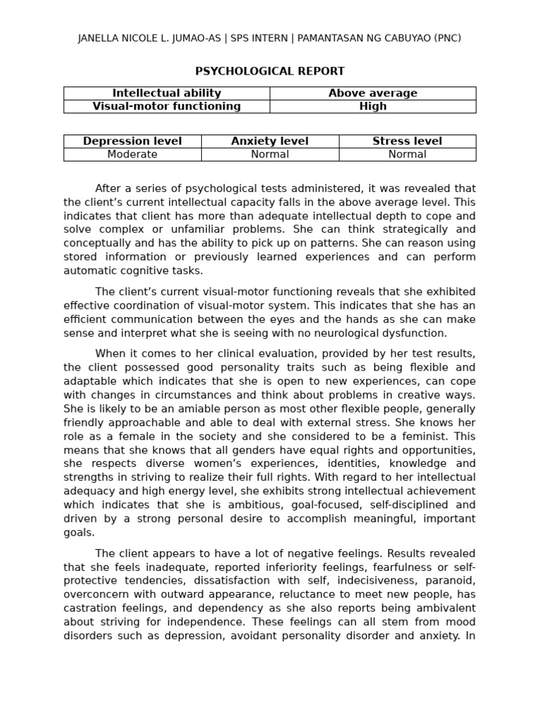 PSYCHOLOGICAL-REPORT-juju | PDF | Anxiety | Mood (Psychology)