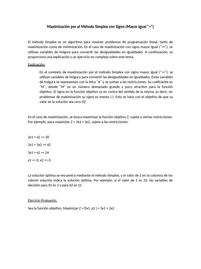 Maximización Por El Método Simplex Con Signo | PDF | Algoritmos | Matemáticas Aplicadas