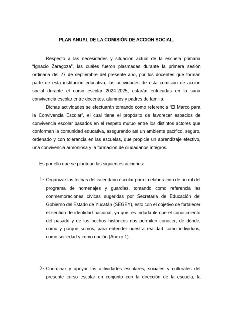 Plan Anual de Comisión de Acción Social | PDF