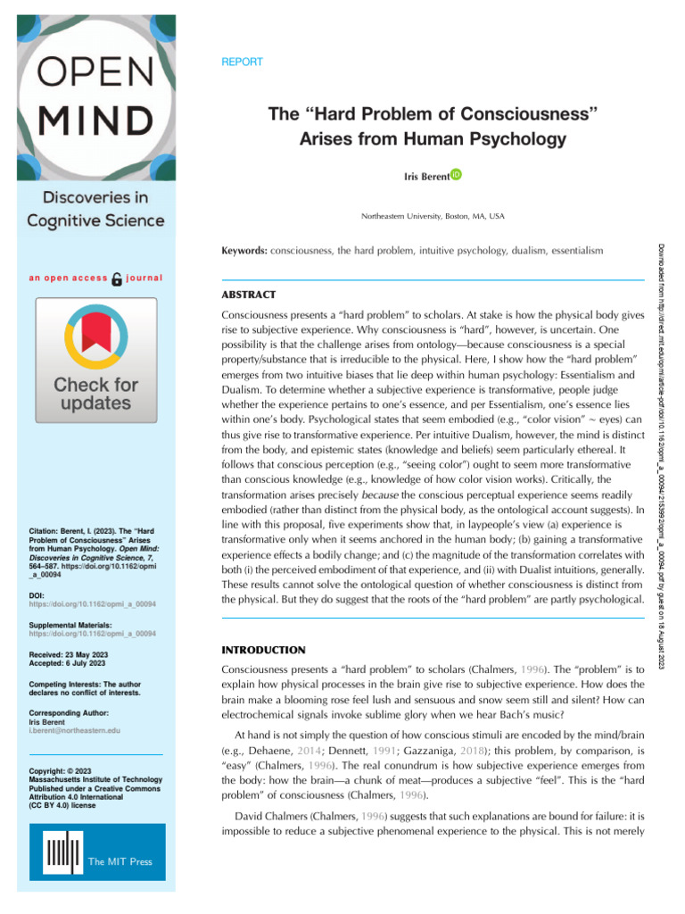 The Hard Problem of Consciousness Arises From Huma | PDF | Experience ...