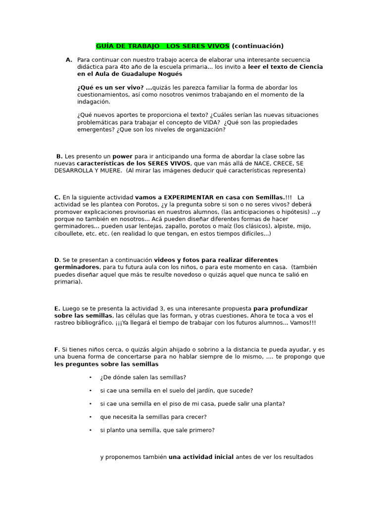 Gu A de Trabajo Los Seres Vivos | PDF | Semilla | Plantas