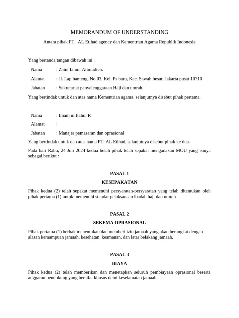 Memorandum of Understanding | PDF