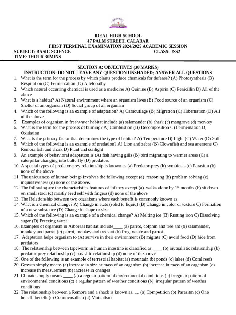 Jss 2 Basic Science | PDF | Habitat | Symbiosis
