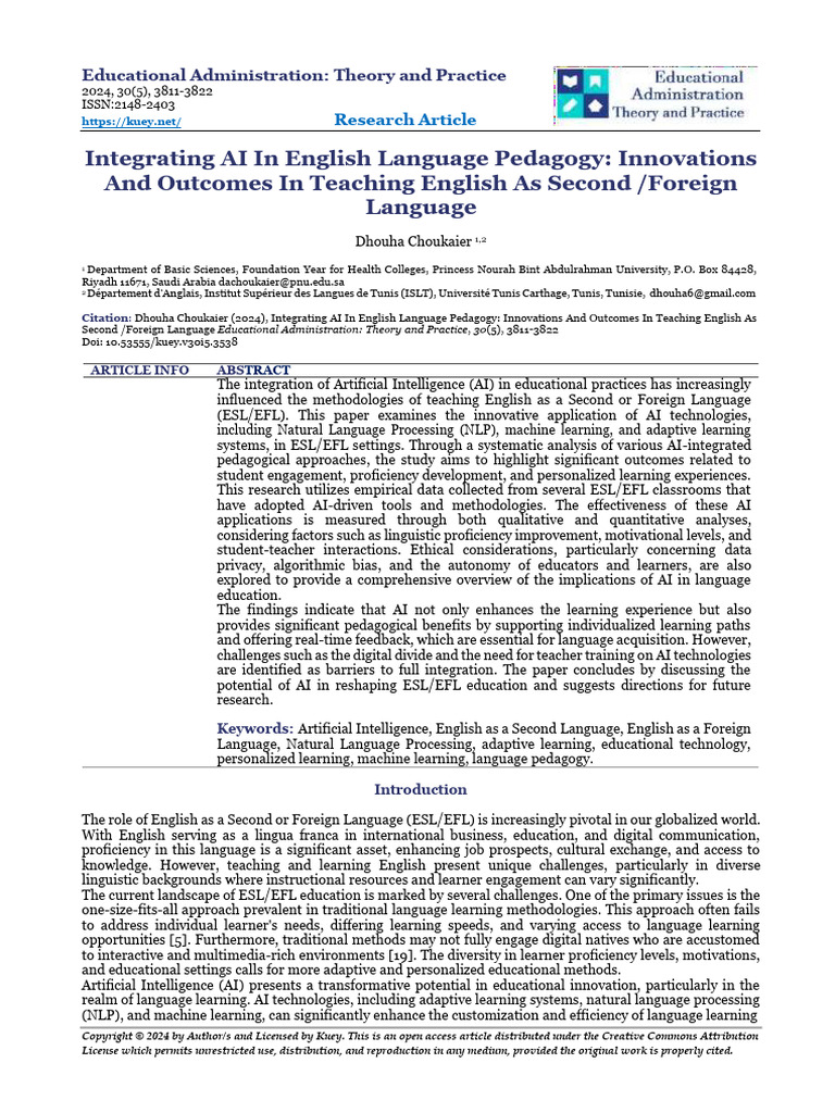 Title Integrating Artificial Intelligence in English Language Pedagogy Updated | PDF | English ...