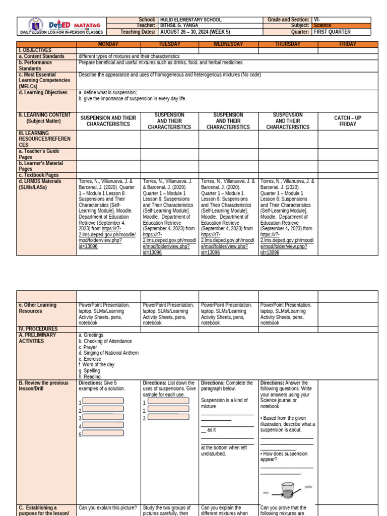 G6 Q1W5 DLL SCIENCE (MELCs) | PDF | Suspension (Chemistry) | Mixture