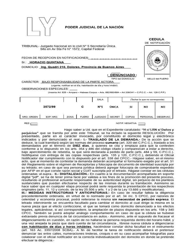 Cédula Ley. Primer Proveído | PDF | Ley procesal | Demanda judicial Cédula Ley. Primer Proveído | PDF | Ley procesal | Demanda judicial
