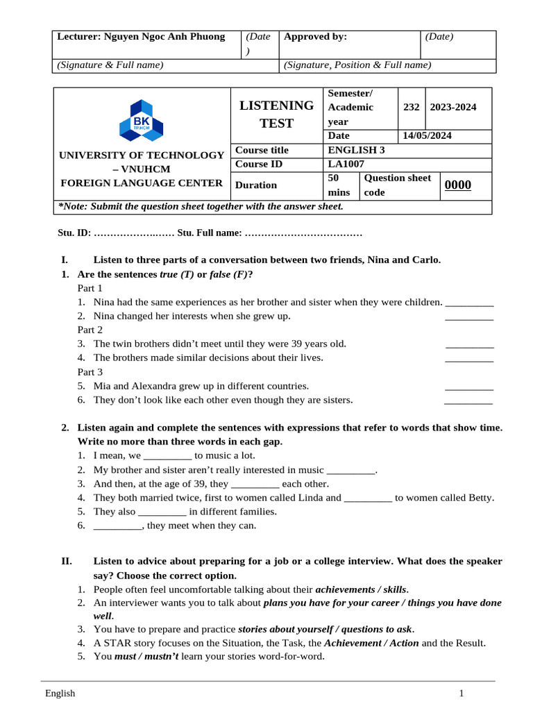 Listening Test - AV3 | PDF