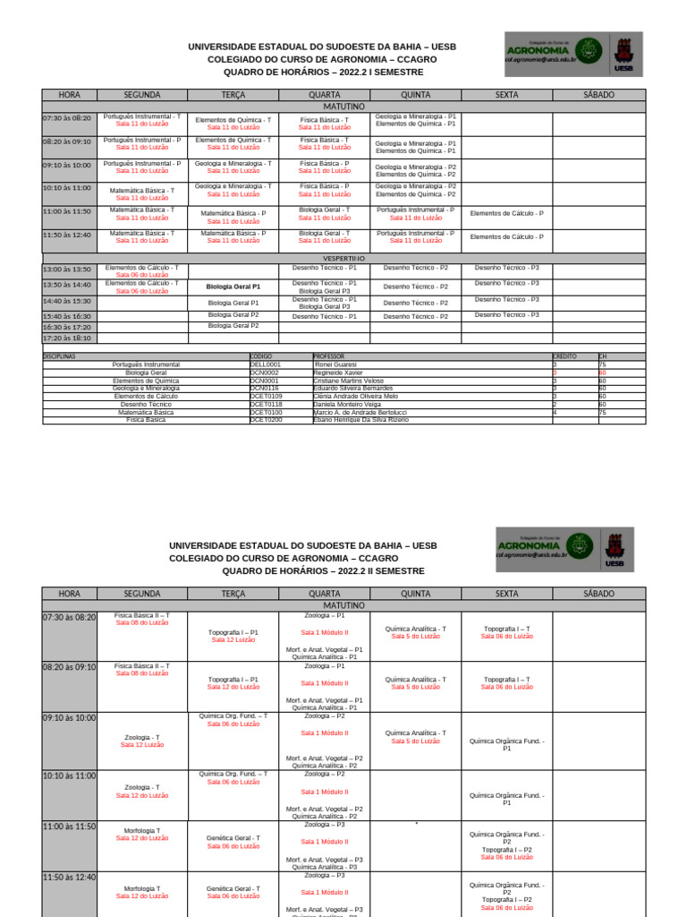 Quadro de Horários - PL 2022.2 Ok | PDF