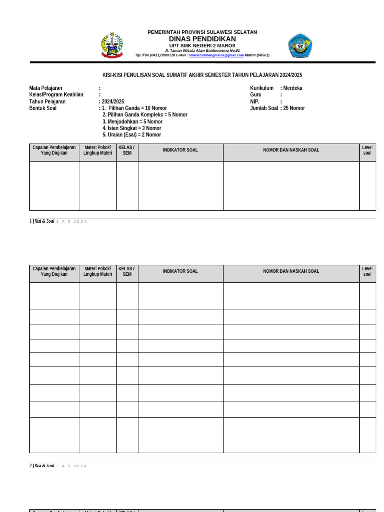 Format Kisi-Kisi SAS 2024 | PDF