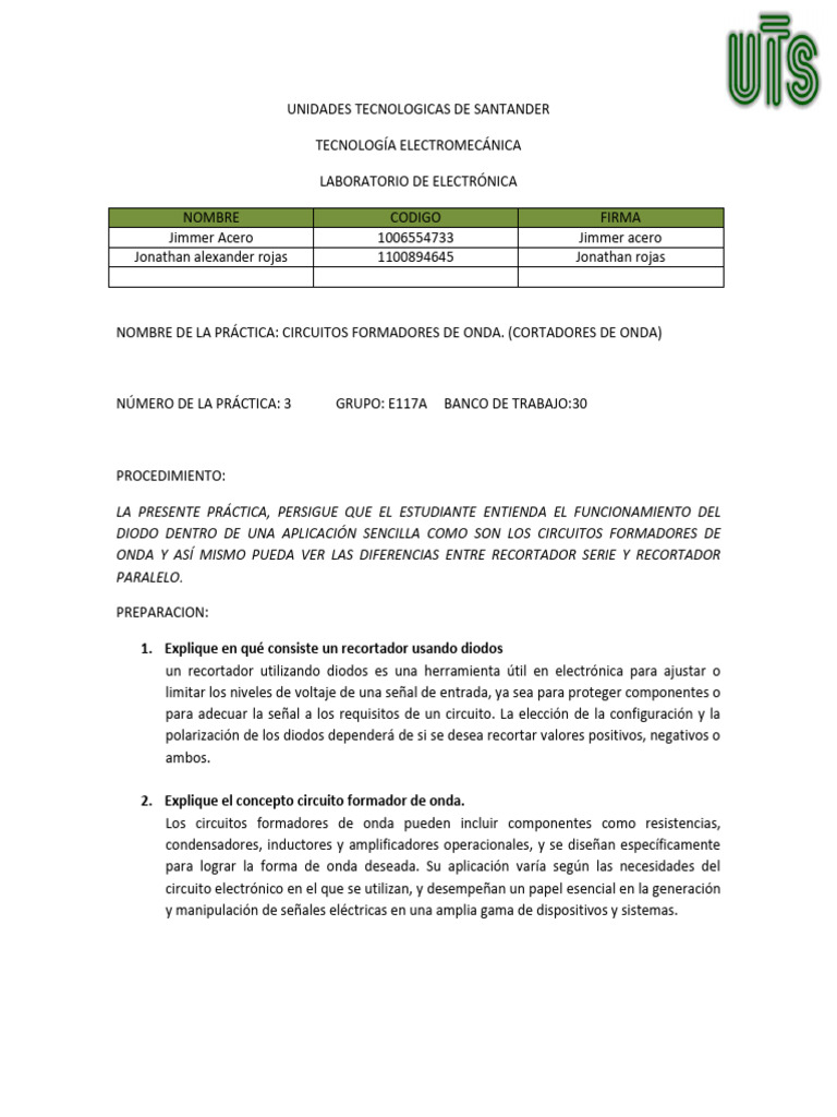 Informe Tres Laboratorio de Electronica | PDF | Electrónica | Red eléctrica