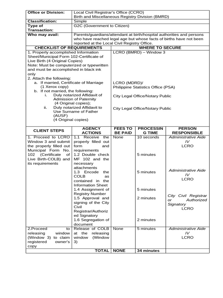 LCR Citizen's Charter For Editing | PDF | Birth Certificate | Notary Public