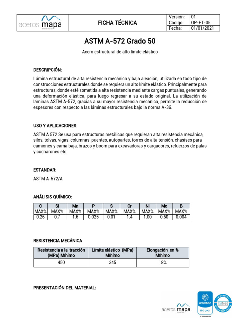 OP FT 05 ASTM A 572 Grado 50 1 | PDF | Soldadura | Construcción