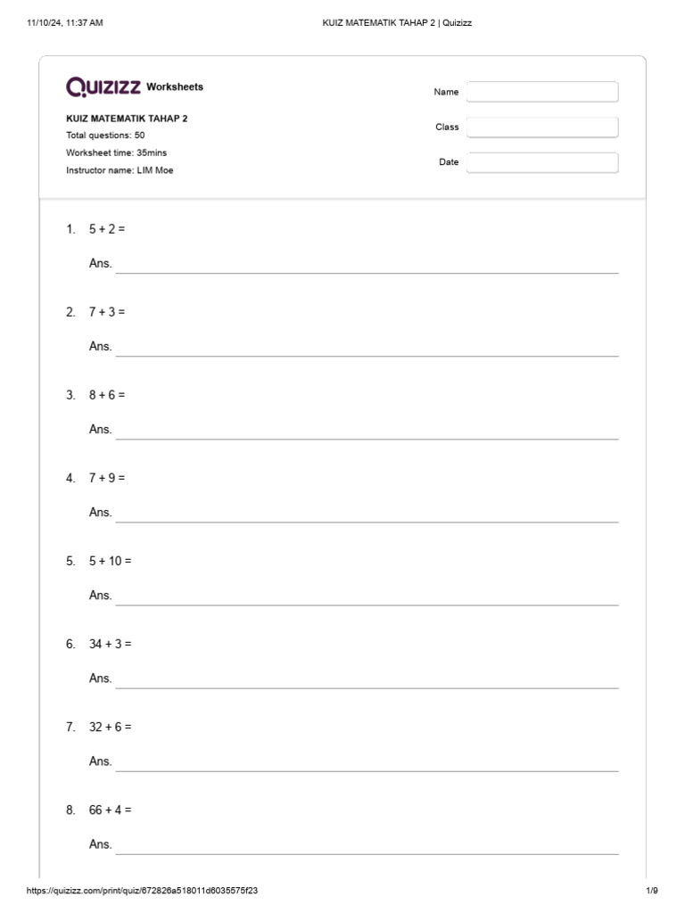 KUIZ MATEMATIK TAHAP 2 - Quizizz | PDF