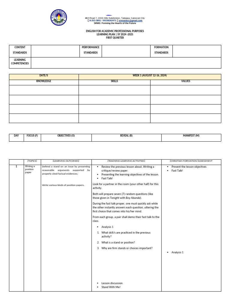 SRMS Learning Plan Template in EAPP 11 | PDF | Learning | Concept