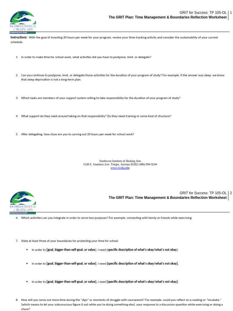 Time Management & Boundary Reflection Worksheet | PDF | Psychology