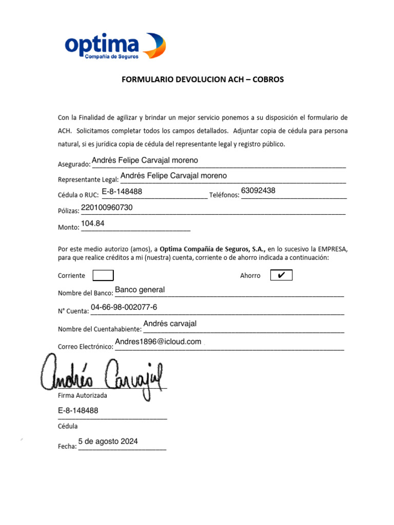 Formulario de Devolucion Ach | PDF