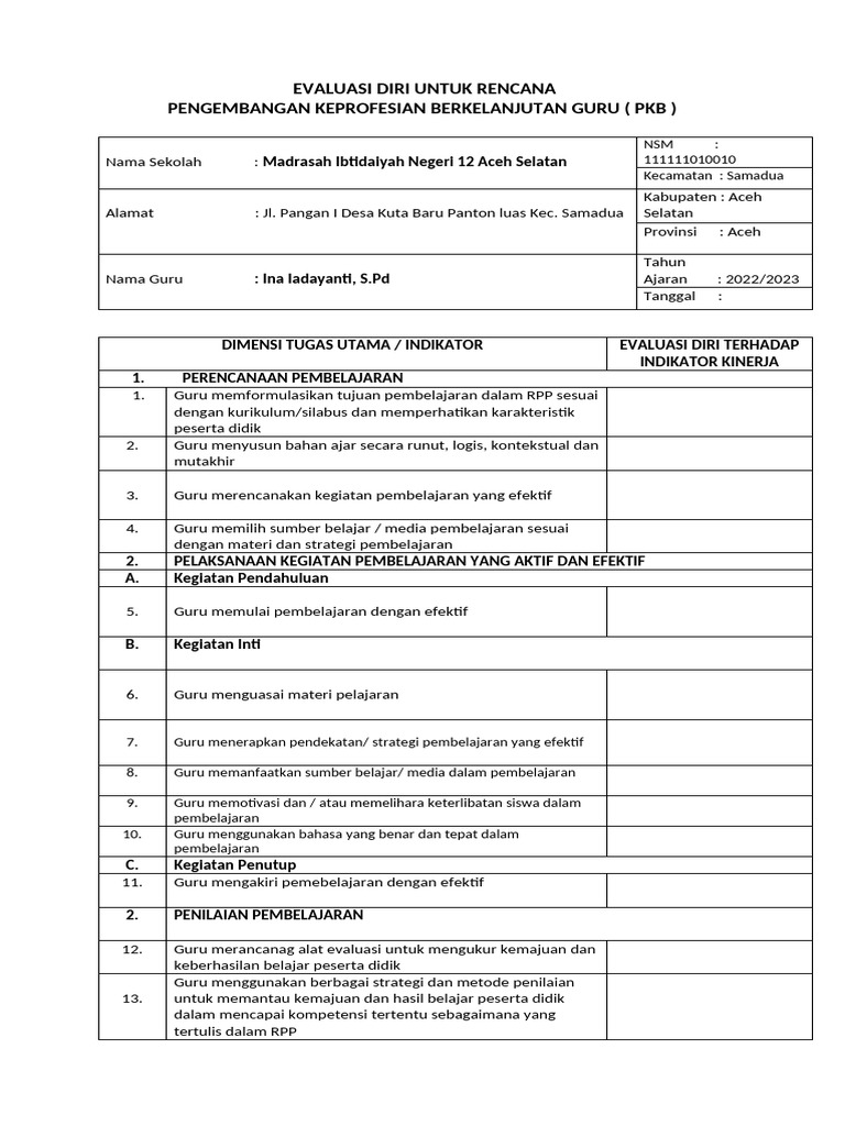 EVALUASI DIRI DAN PROGRAM TINDAK LANJUT KEPROFESIAN BERKELANJUTAN GURU (PKB) Ina | PDF
