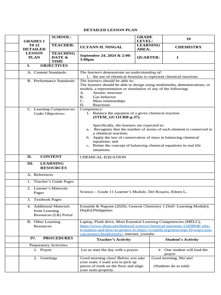Grade 10 Lesson Plan: Balancing Equations | PDF | Chemical Substances ...