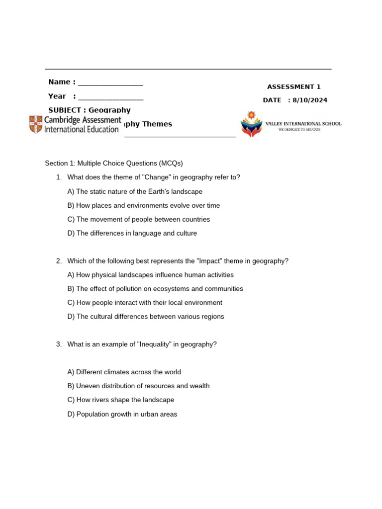 Year 7 Geography Assessment Paper | PDF | Natural Environment | Geography
