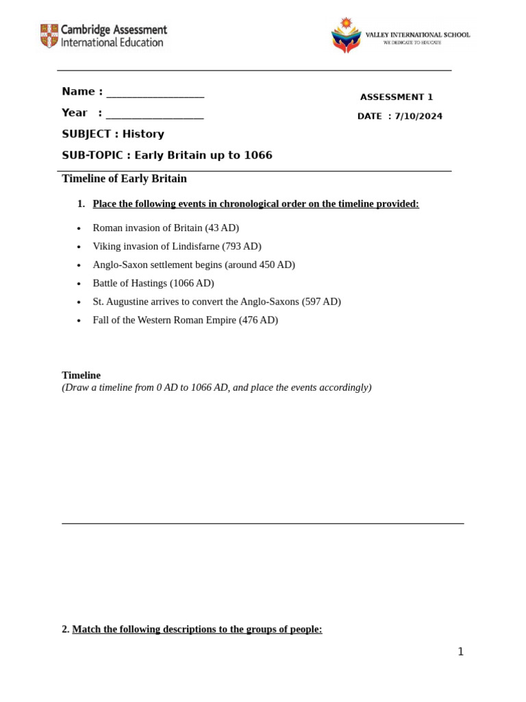 Year 7 History: Early Britain Timeline | PDF