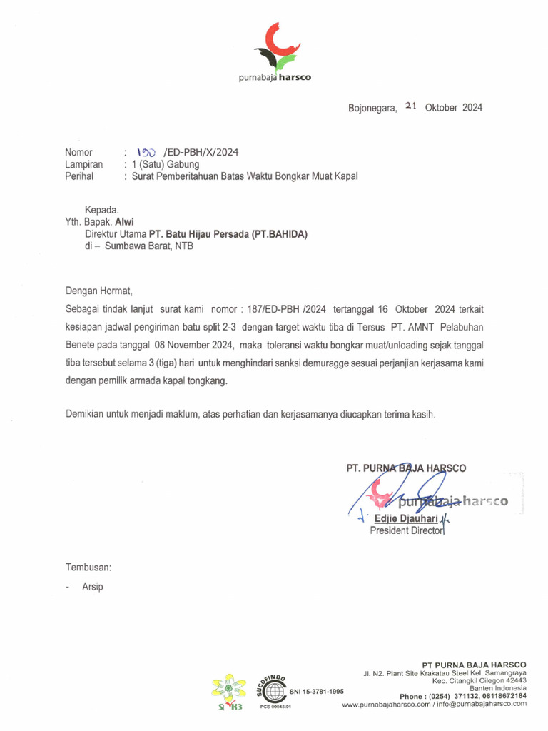 Surat ED 190 Pemberitahuan Batas Waktu Bongkar Muat Kapal | PDF
