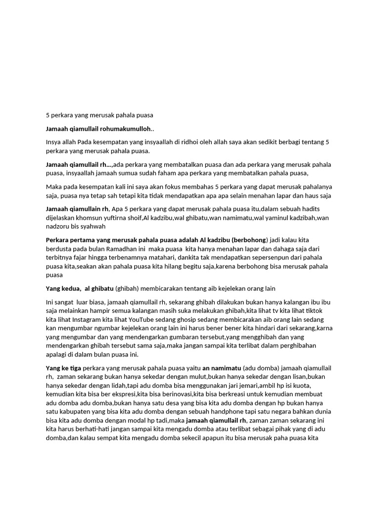 5 Perkara Yang Merusak Pahala Puasa | PDF
