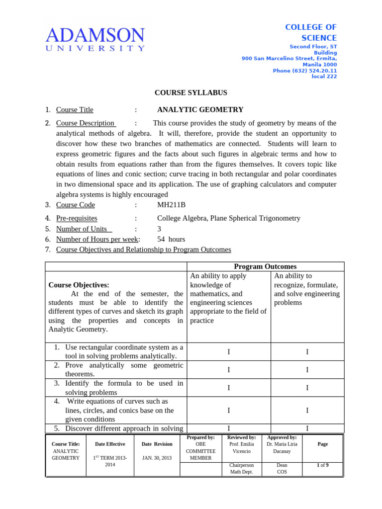 Analytic Geometry Course Syllabus | PDF | Analytic Geometry | Line ...