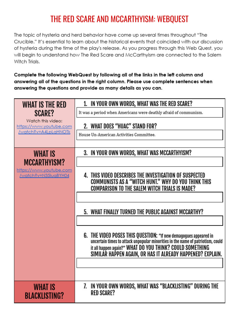 The Red Scare & McCarthyism WebQuest | PDF | Mc Carthyism | Far Left ...