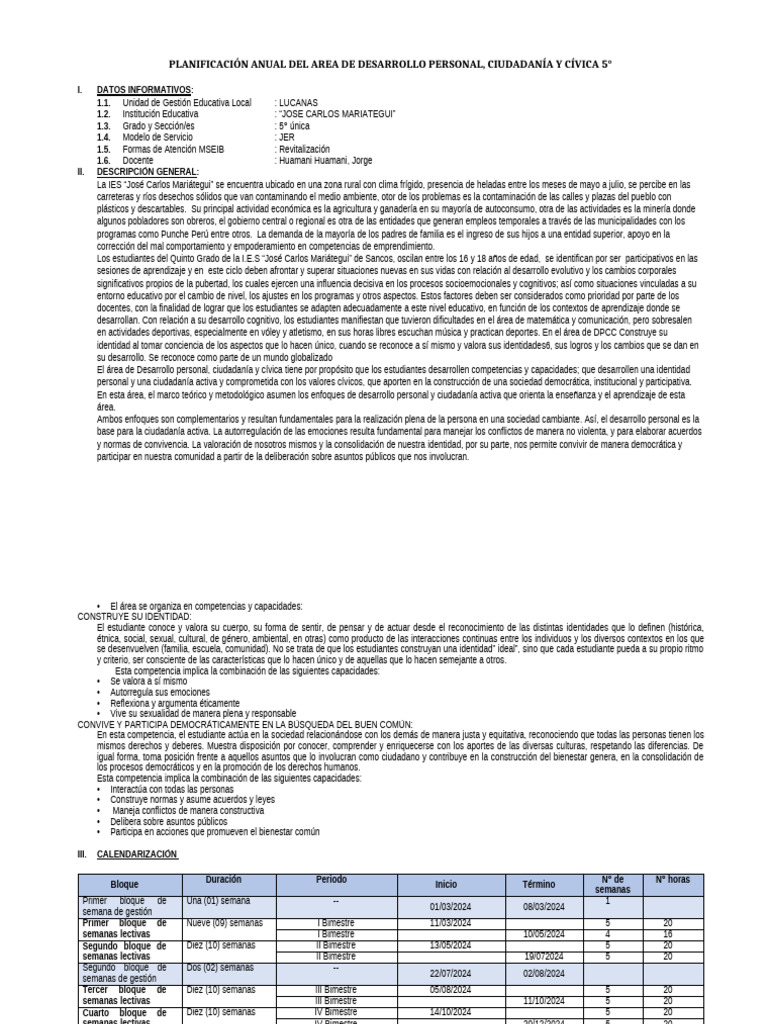 Esquema Planificación Anual 2024 5° DPCC | PDF | Evaluación