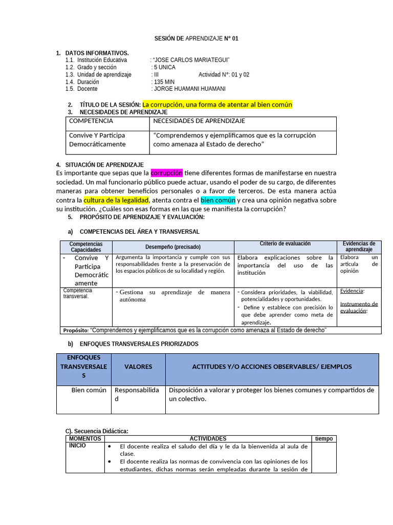 SesiÓn 1 Unidad 03 Dpcc 5° Pdf Evaluación Aprendizaje 7932