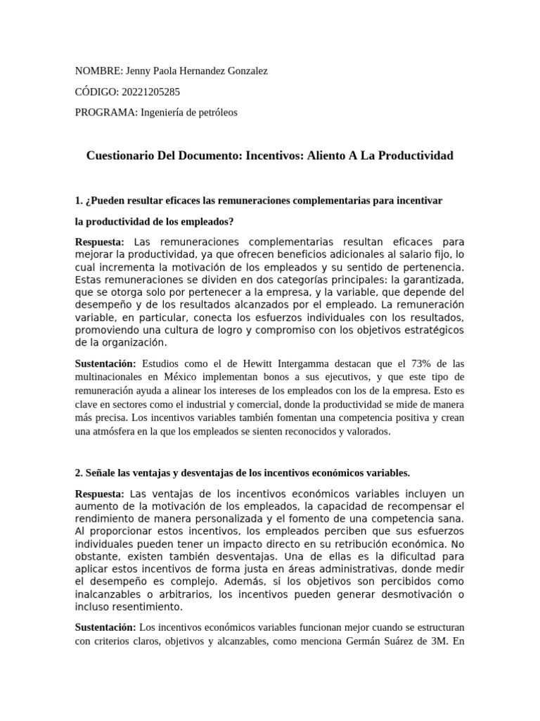 Cuestionario de Los Incentivos - Paola HG | PDF | Motivación | Motivacional