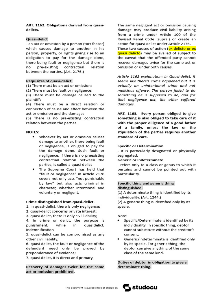 ObliCon Art. 1162 1167 Reviewer | PDF | Law Of Obligations | Negligence