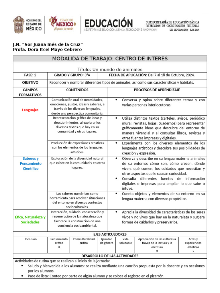 Centro de Interes-Un Mundo de Animales | PDF