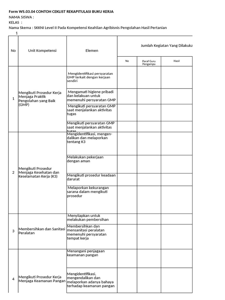 Form LK WS.03.04 Contoh Ceklist Rekapitulasi Buku Kerja Bakery | PDF