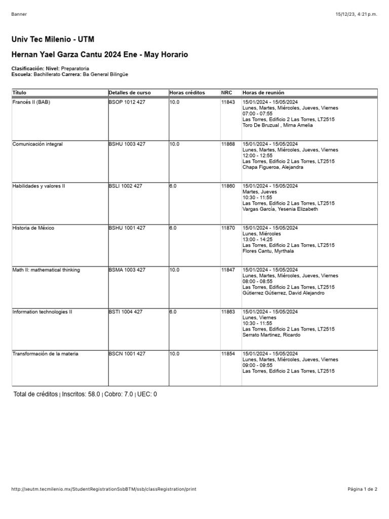 Horario 2do Semester | PDF