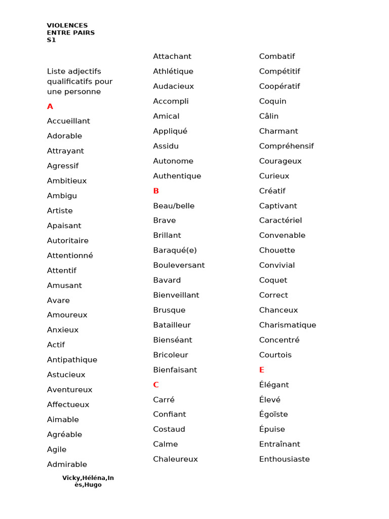 Liste d'adjectifs pour décrire une personne | PDF