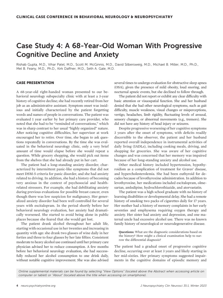 Case Study 4. A 68 Year-Old Woman With Progressive Cognitive Decline ...