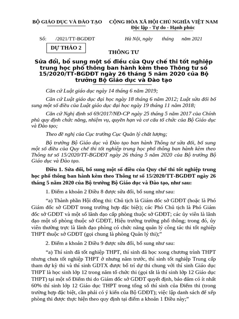 Du Thao 2 Thong Tu Sua Quy Che Thi 2021 | PDF