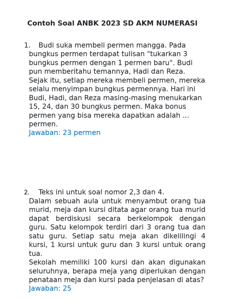 Contoh Soal ANBK 2023 SD AKM NUMERASI | PDF | Kesehatan Holistik