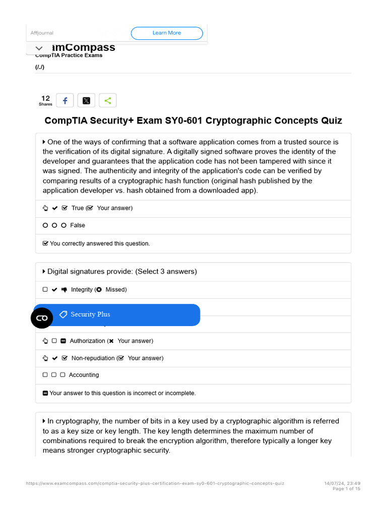 CompTIA Security+ Certification Exam SY0-601 Cryptographic Concepts Quiz | PDF | Cryptography ...