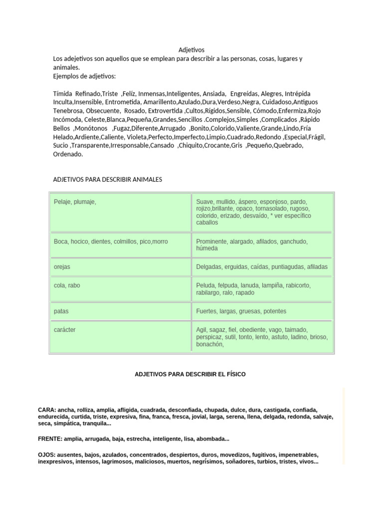 Adjetivos Personas y Animales Ejemplos | PDF