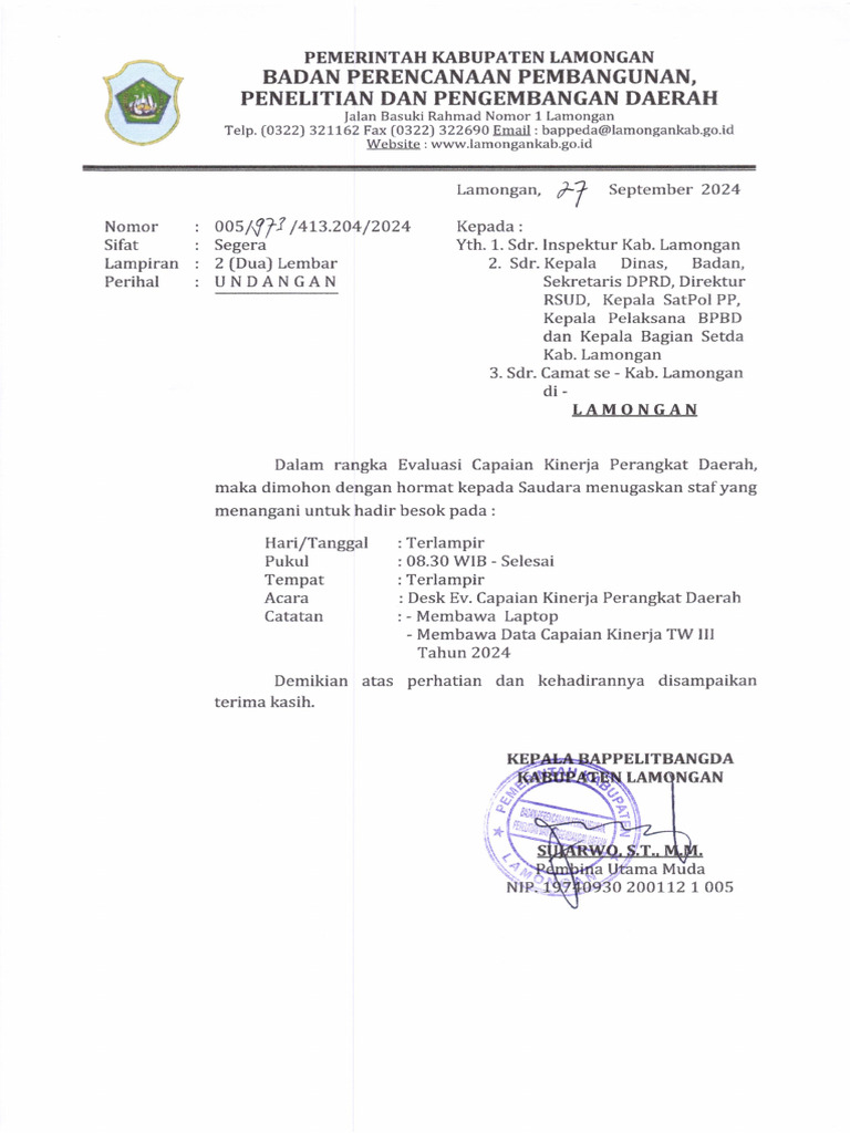 Undangan Desk Evaluasi Capaian Kinerja Perangkat Daerah | PDF