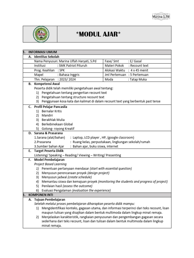 Modul Ajar - Recount Text Fase e | PDF