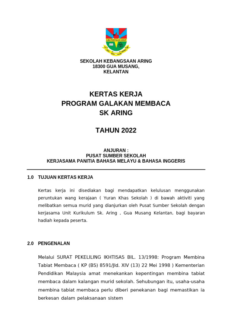 Kertas Kerja Program Galakan Membaca SK | PDF