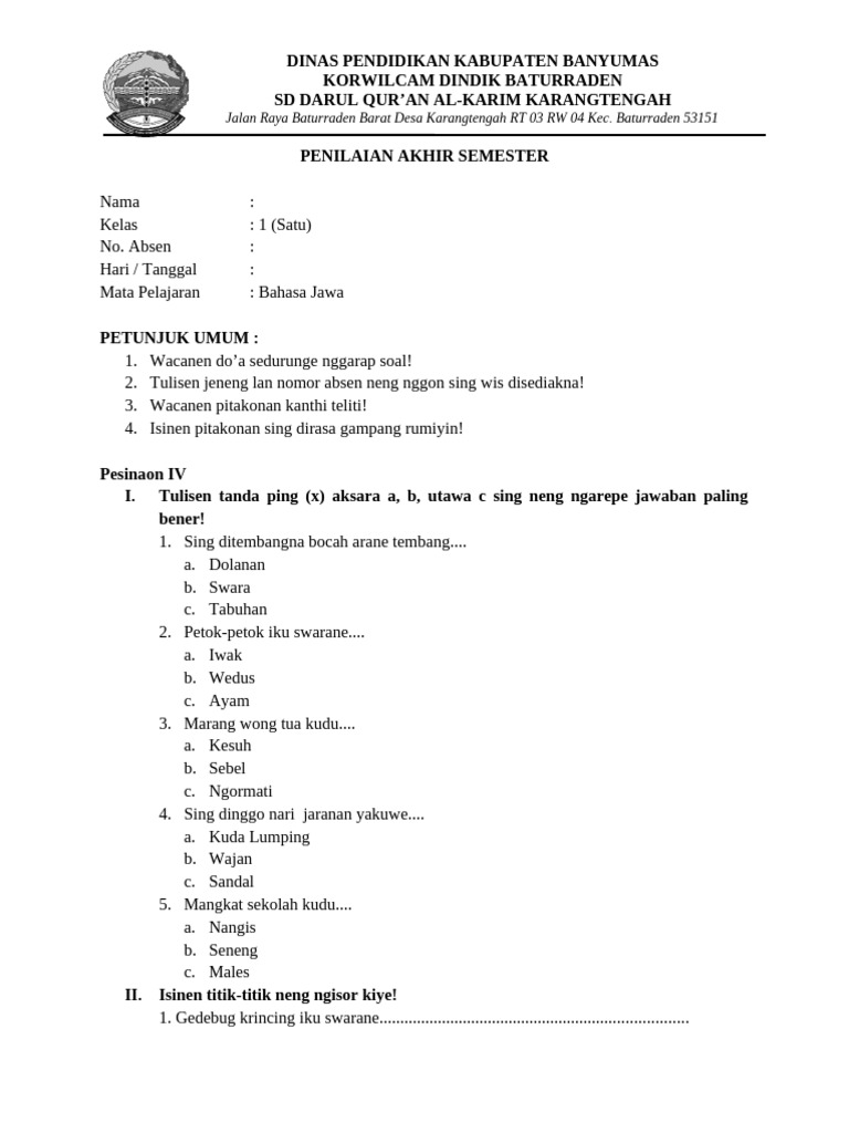 Pas-Bahasa Jawa-Kelas 1 | PDF