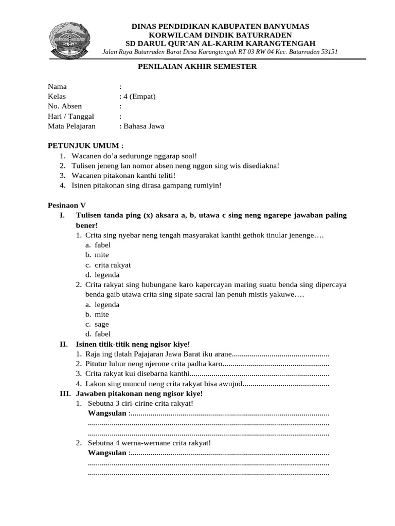 Pas-Bahasa Jawa-Kelas 4 | PDF