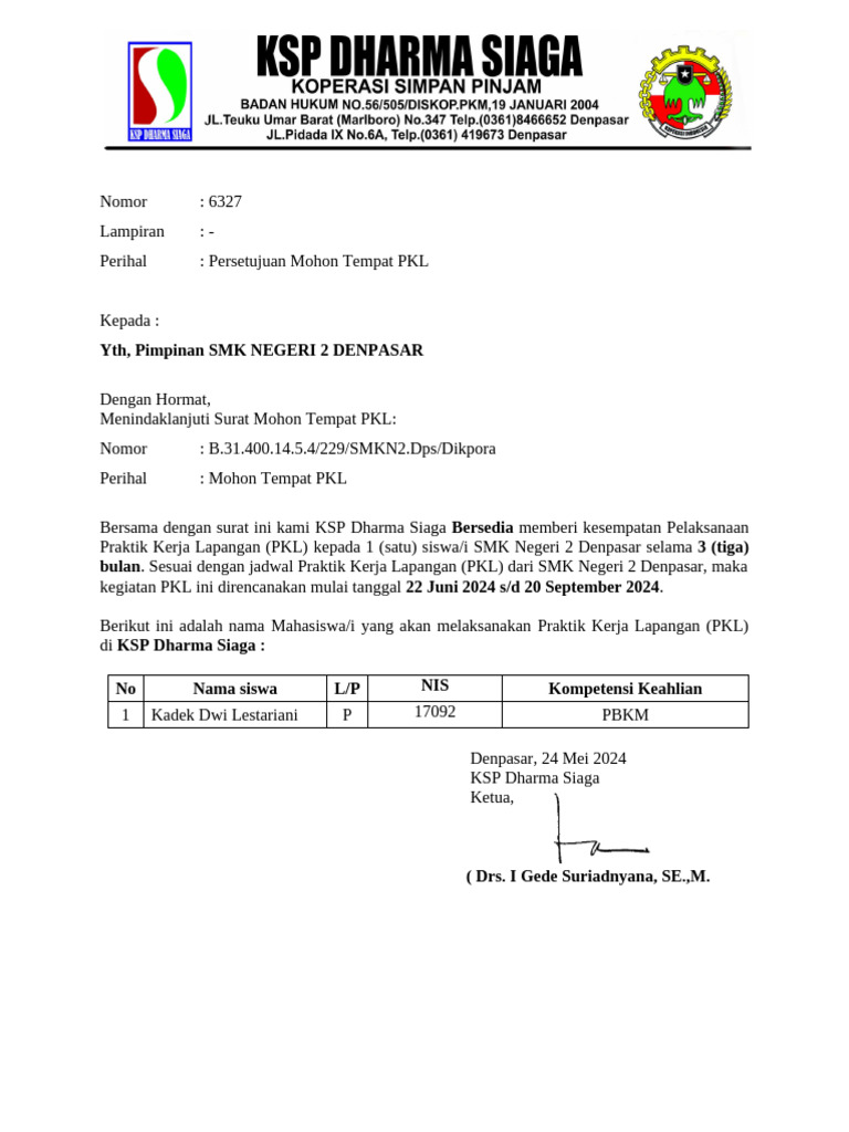 Surat Persetujuan PKL Dwi Lestari | PDF | Agama & Spiritualitas