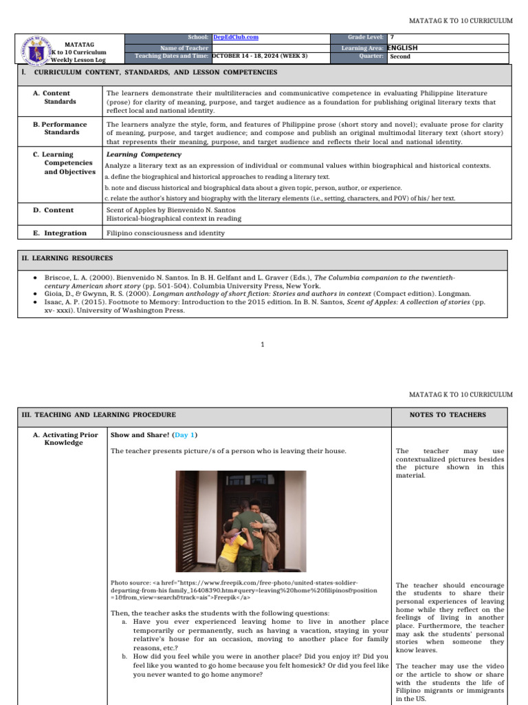 DLL Matatag - English 7 Q2 W3 | PDF | Rubric (Academic) | Curriculum
