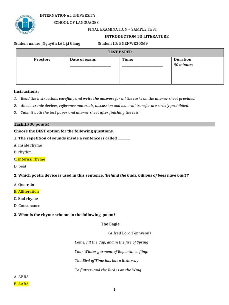 Intro To Lit - Sample Test For Final Exam | PDF | Poetry | Monologue