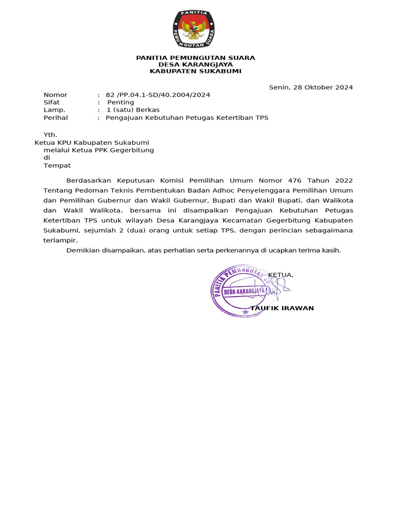 Surat Pengajuan Nama Petugas Ketertiban TPS Pilkada 2024 | PDF